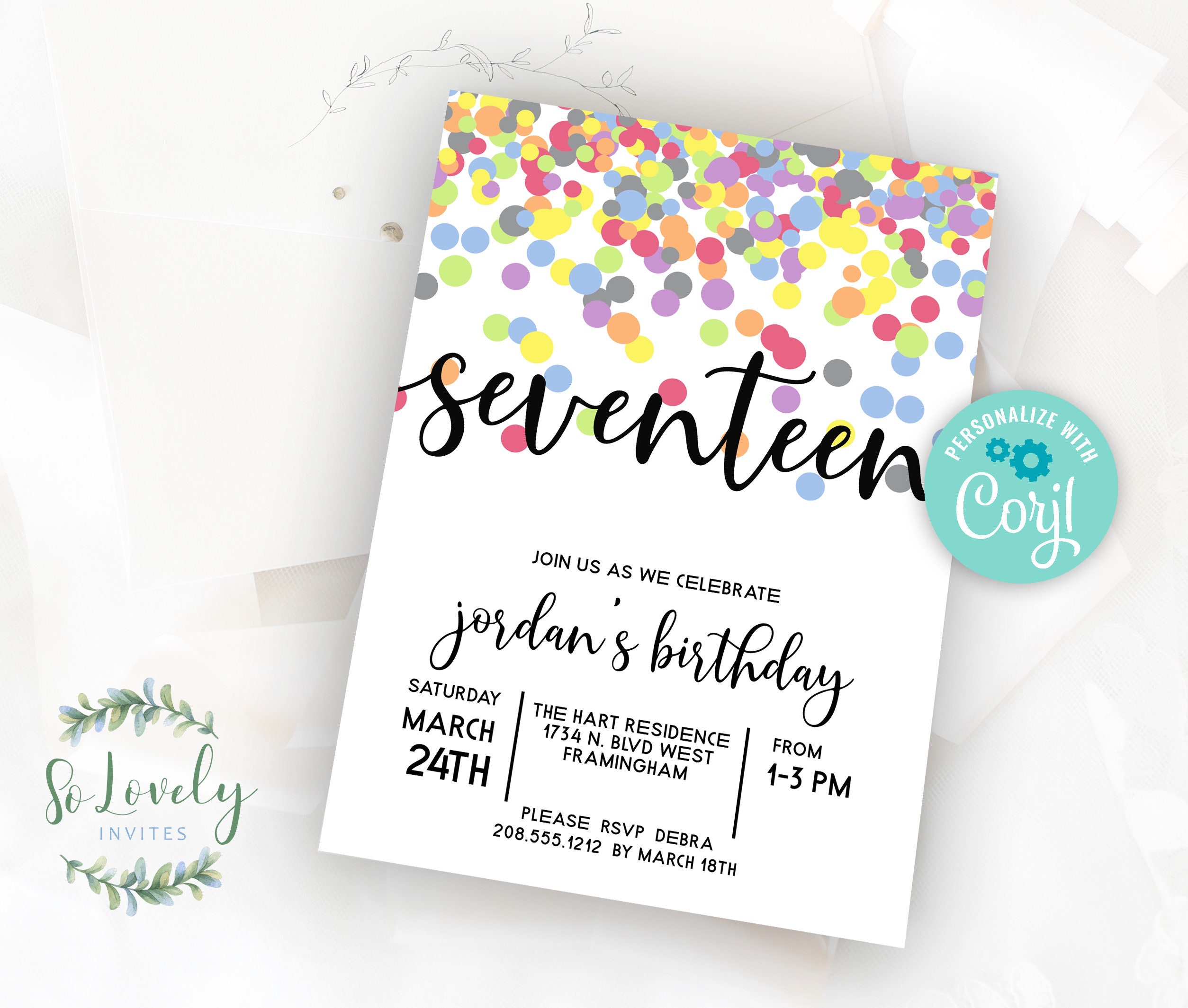 Rainbow Confetti 17th Birthday Invitation, Editable Birthday Invite for ...