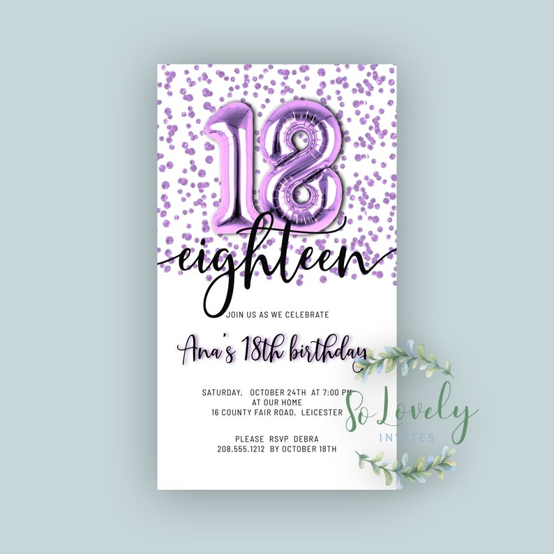 Metallic Purple Glitter 18th Birthday Invitation Editable - Etsy