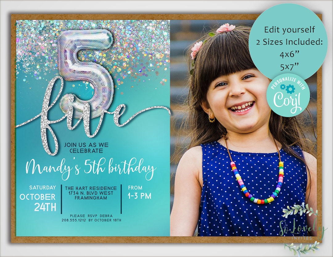 Glitter 5th Birthday Photo Invitation for Girl, EDIT YOURSELF Birthday ...