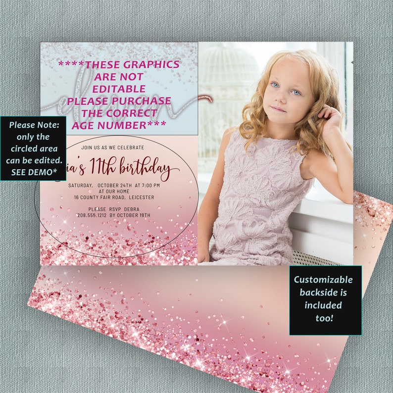 Rose Gold Glitter BG 11th Birthday Invitation With Photo - Etsy