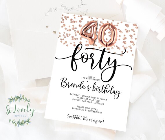 Rose Gold Glitter 40th Birthday Invitation Editable Birthday - Etsy