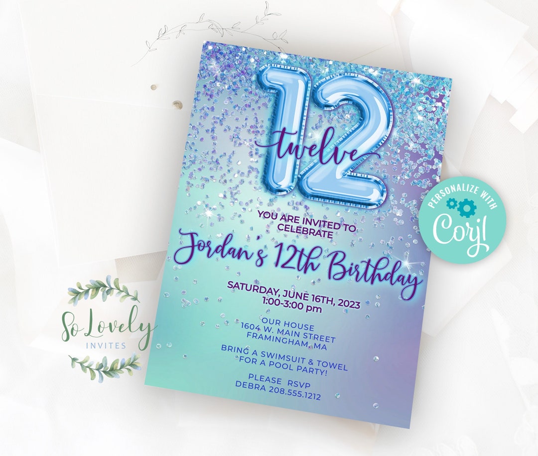 Sky Blue Glitter 12th Birthday Invitation, Editable Birthday Invite for ...