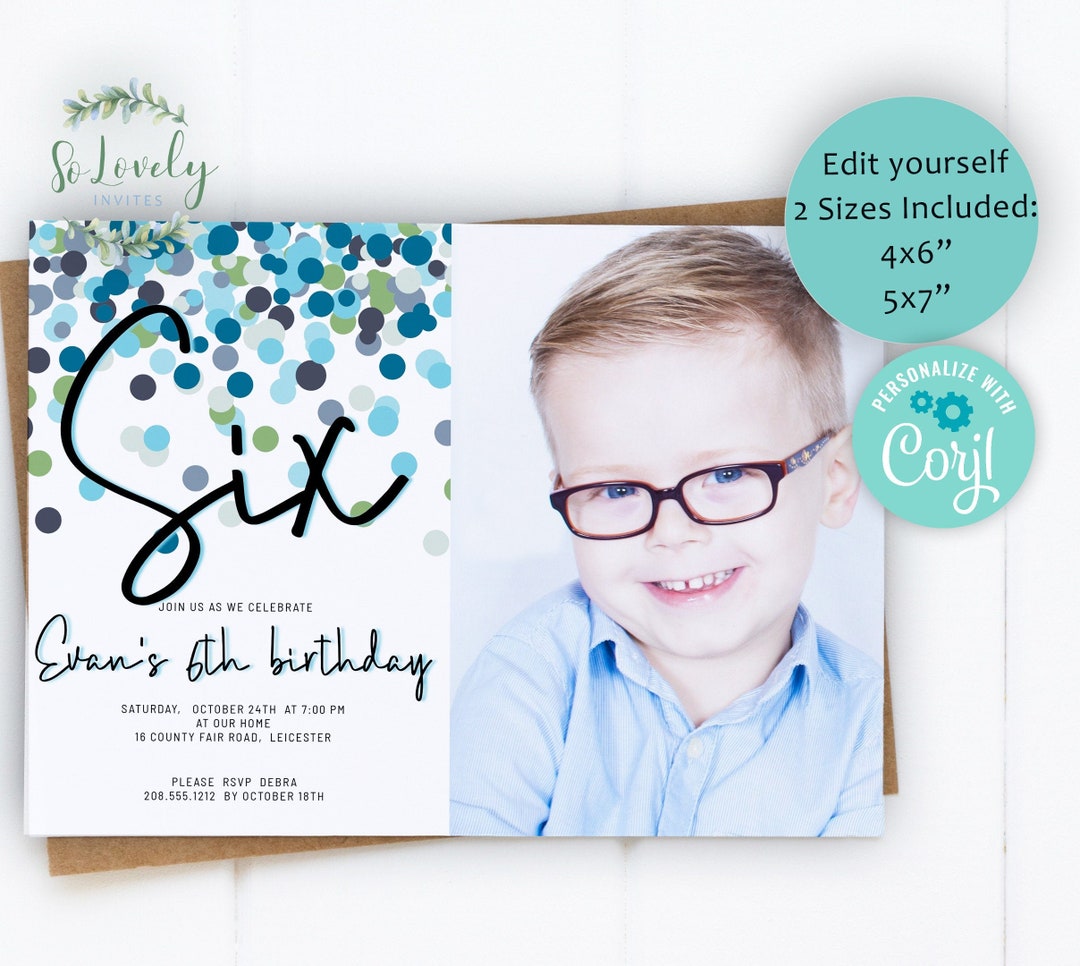 Confetti 6th Birthday Invitation With Photo, Boy Birthday Invite for 6 ...