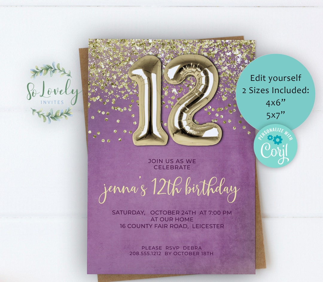 Orchid and Gold Glitter 12th Birthday Invitation, EDIT YOURSELF ...