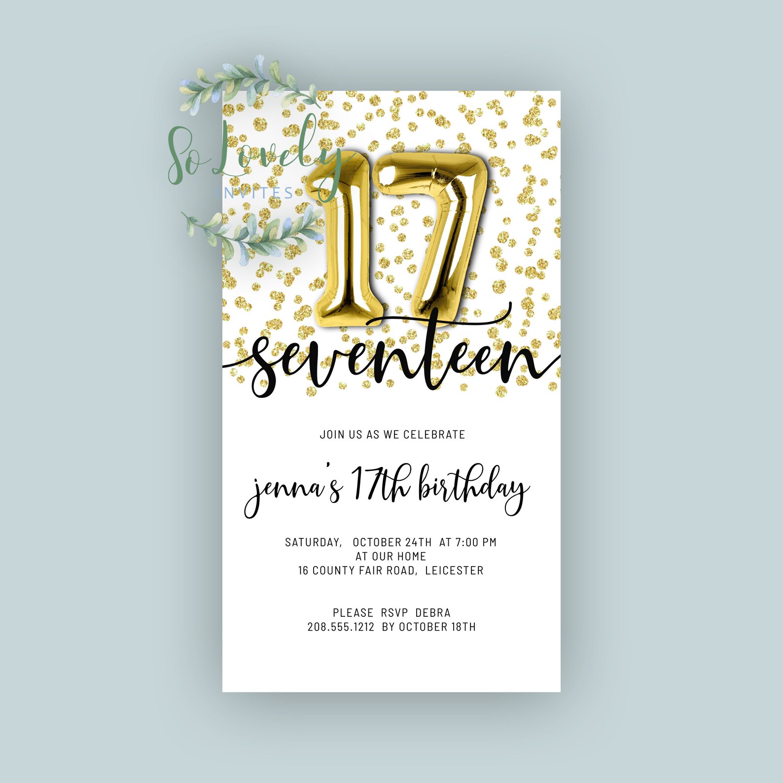 Gold Glitter 17th Birthday Invitation Editable Mobile - Etsy
