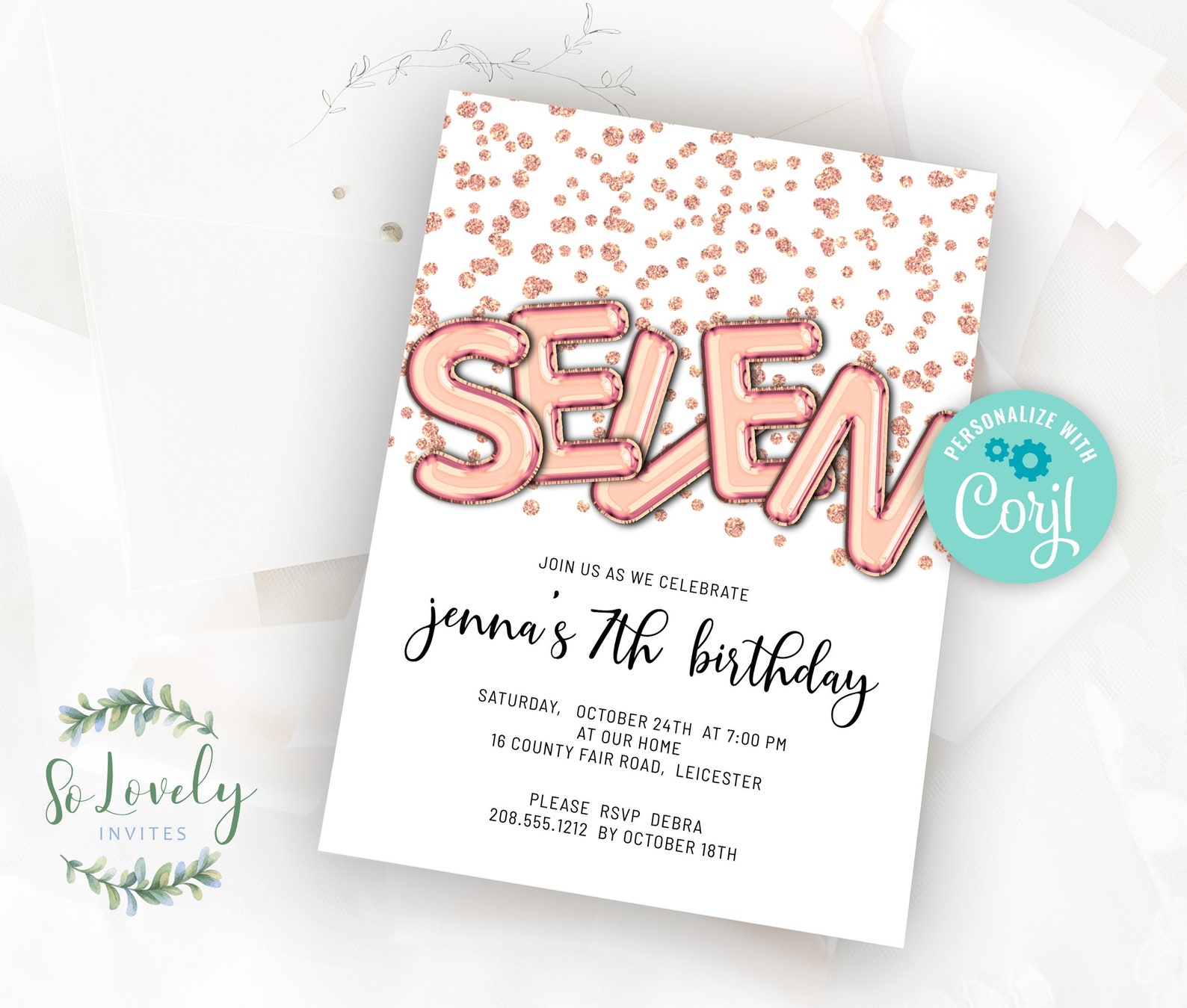 Rose Gold Glitter SEVEN 7th Birthday Invitation EDIT Yourself - Etsy