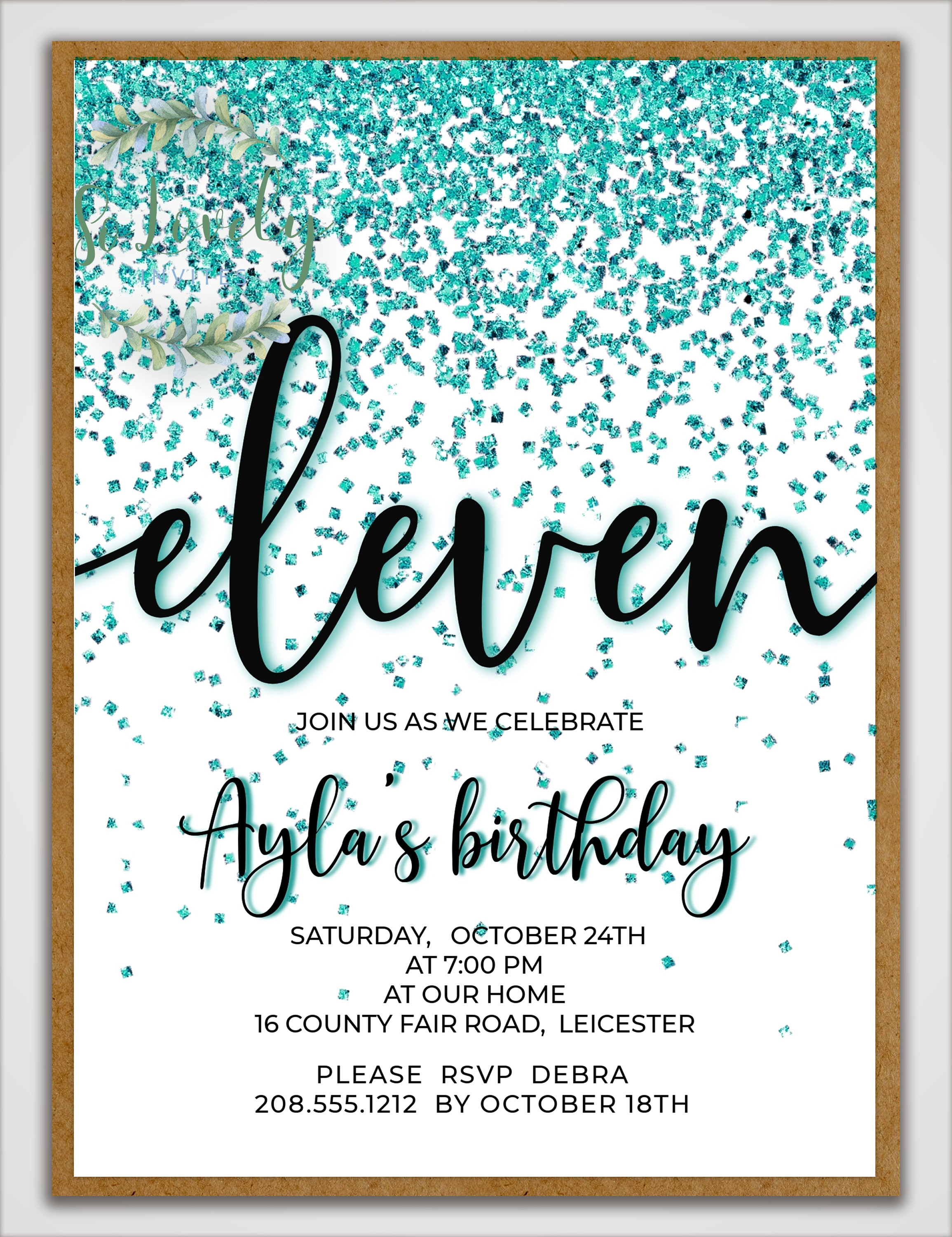 Teal Glitter 11th Birthday Invitation Editable Birthday - Etsy UK