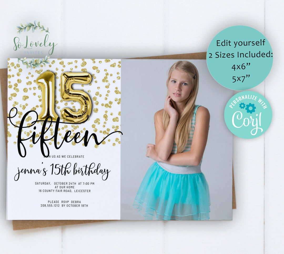 Gold Glitter 15th Birthday Photo Invitation, Editable Birthday Invite ...