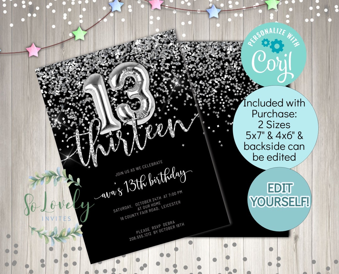Invitación de cumpleaños número 13 con brillo negro y plateado ...