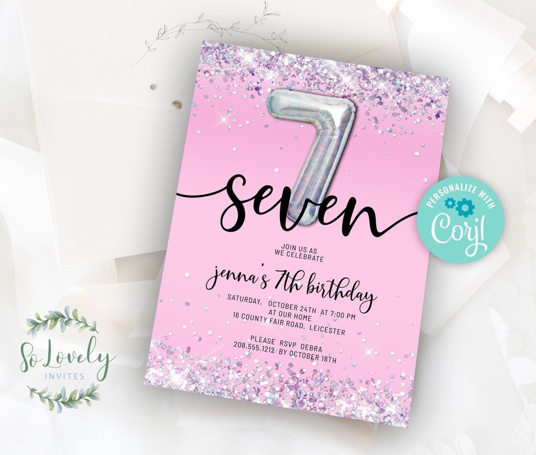 Pink and Silver Glitter 7th Birthday Invitation, EDIT YOURSELF Birthday ...