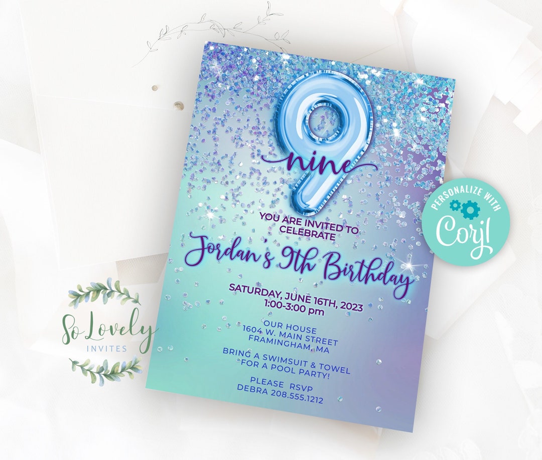 Sky Blue Glitter 9th Birthday Invitation, Editable Birthday Invite for ...