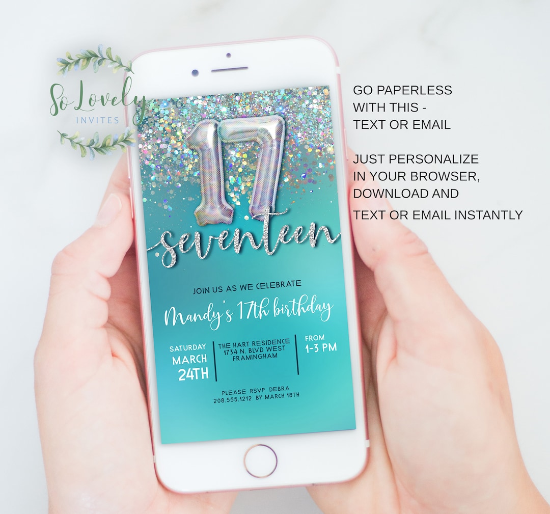 Text Glitter 17th Birthday Invitation for Girl, Editable Mobile ...