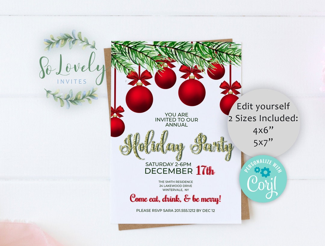 Personalized Christmas Party Invitation, Editable Holiday Invite, Pine ...