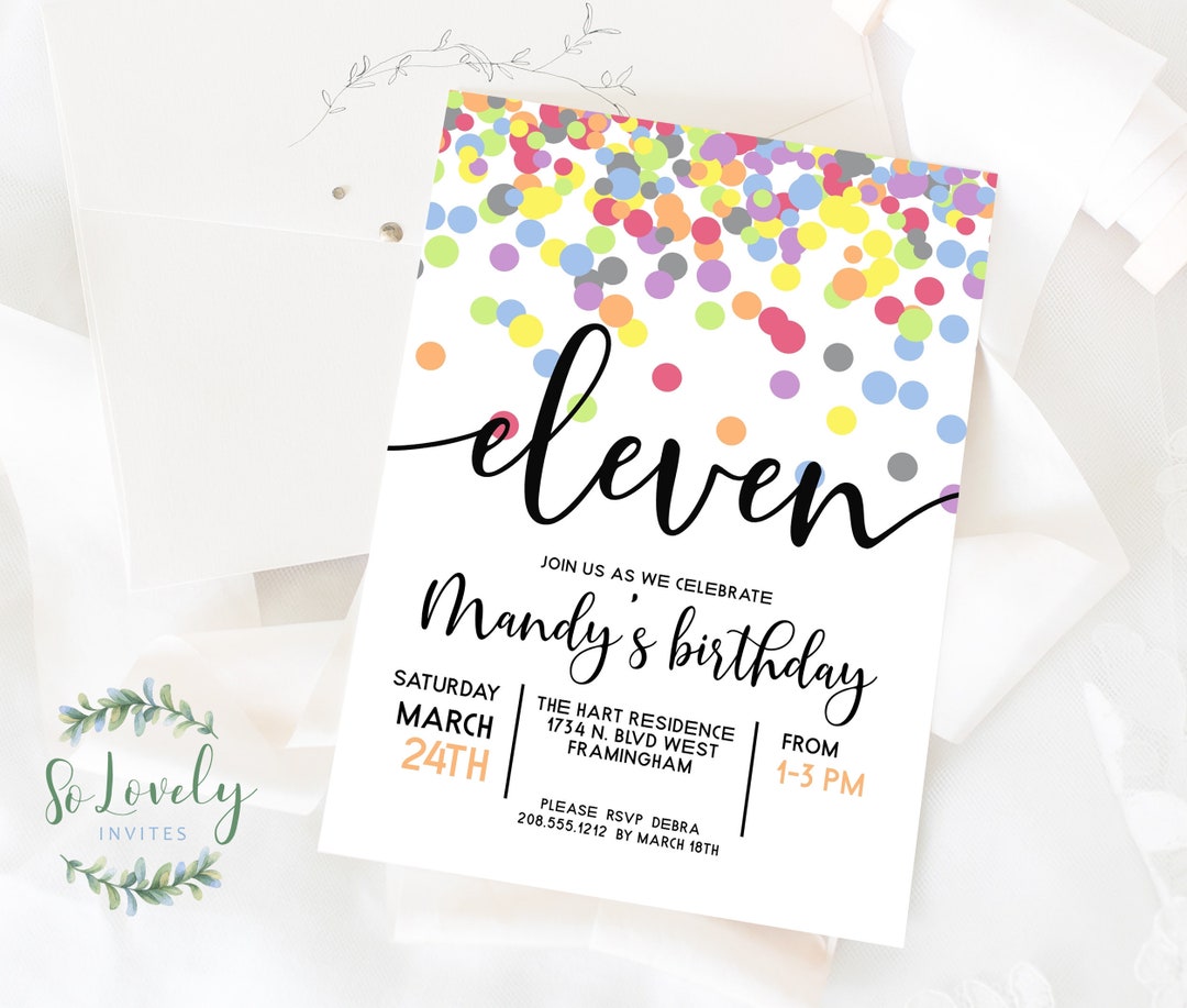 Rainbow Confetti 11th Birthday Invitation, Editable Birthday Invite for ...