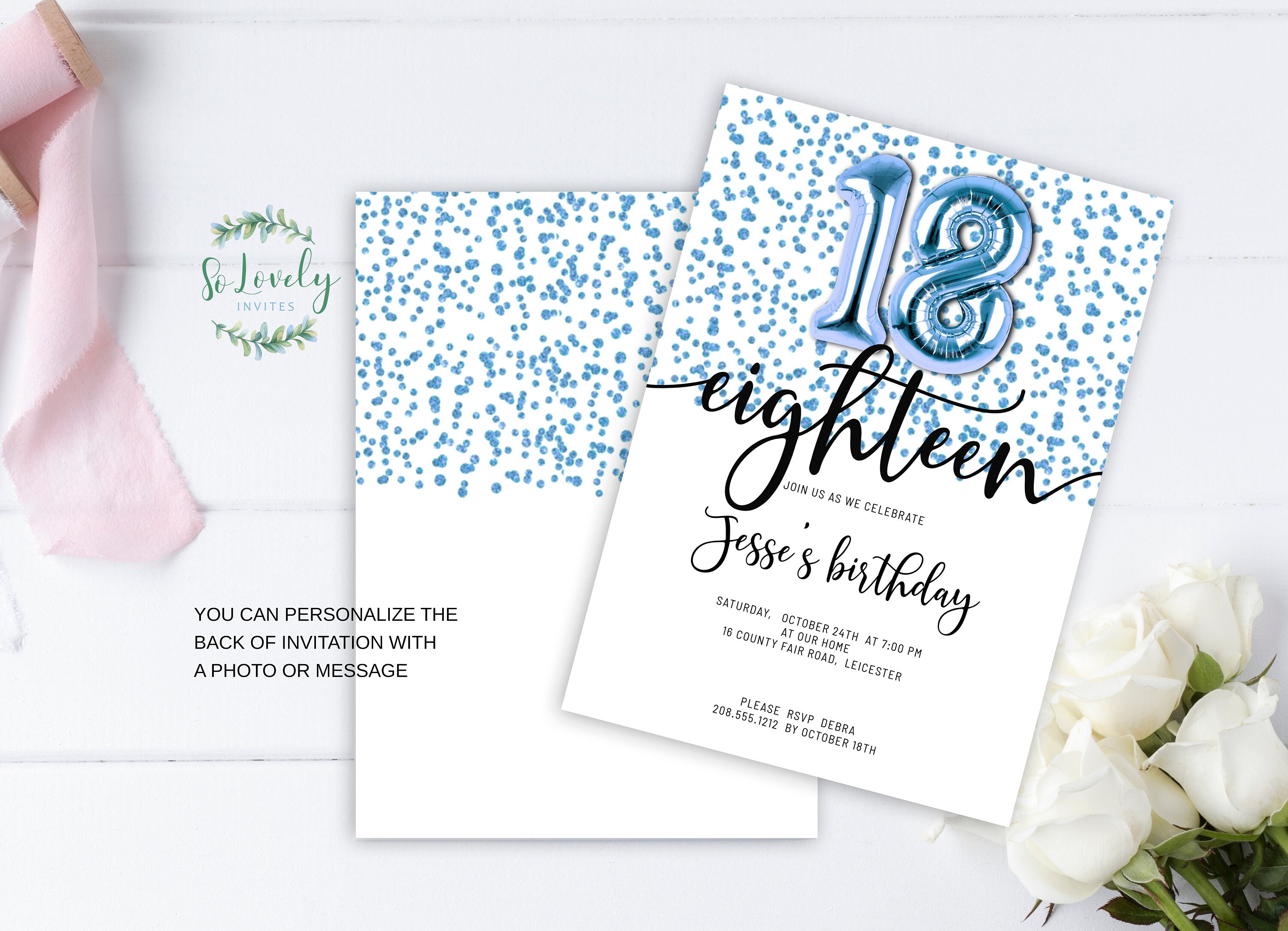 Metallic Blue Glitter 18th Birthday Invitation Editable | Etsy