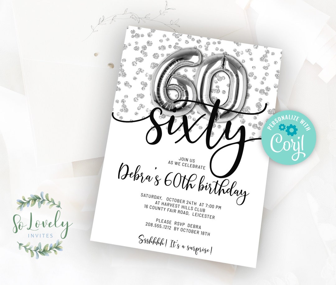 Silver Glitter 60th Birthday Invitation, Editable Birthday Invite for ...