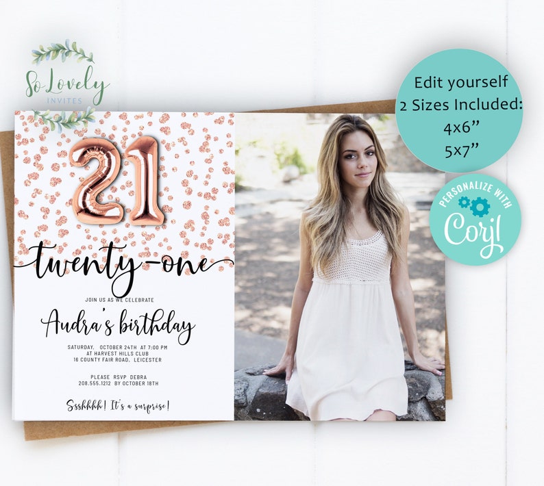 Rose Gold Glitter 21st Birthday Invitation With Photo Etsy