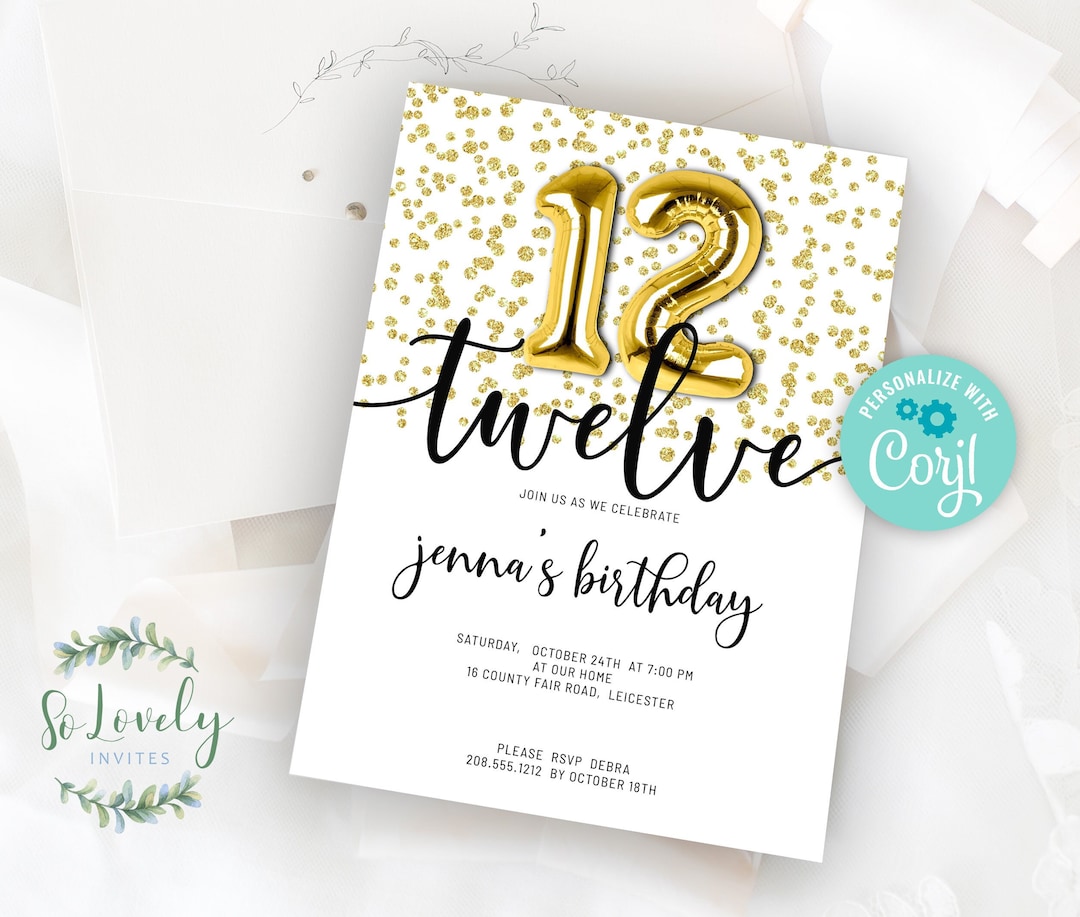 Gold Glitter 12th Birthday Invitation, EDIT YOURSELF Birthday Invite ...