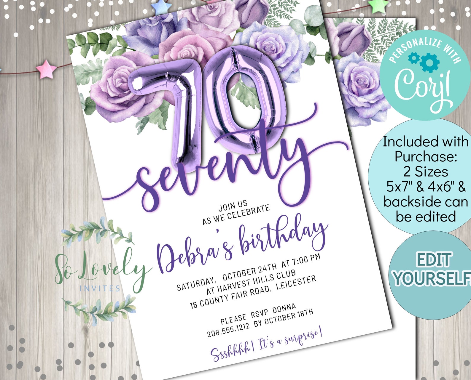 Purple Roses 70th Birthday Invitation, Editable Birthday Invite for ...
