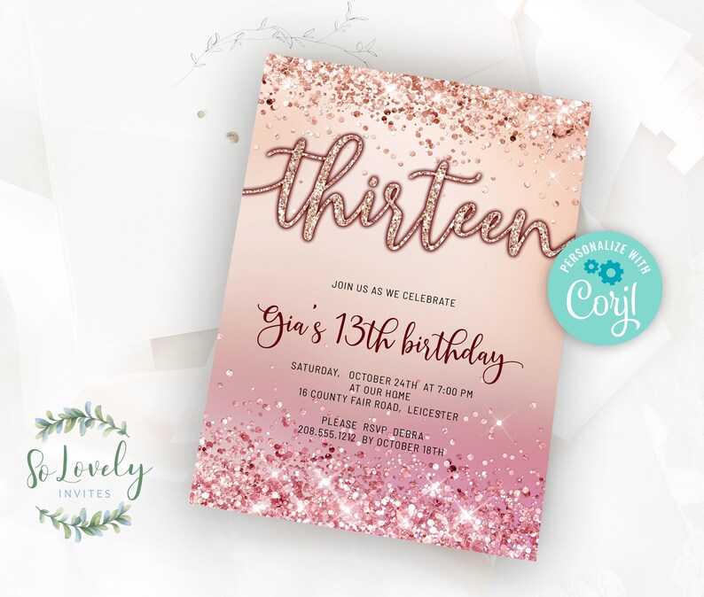 Rose Gold Glitter Background 13th Birthday Invitation - Etsy