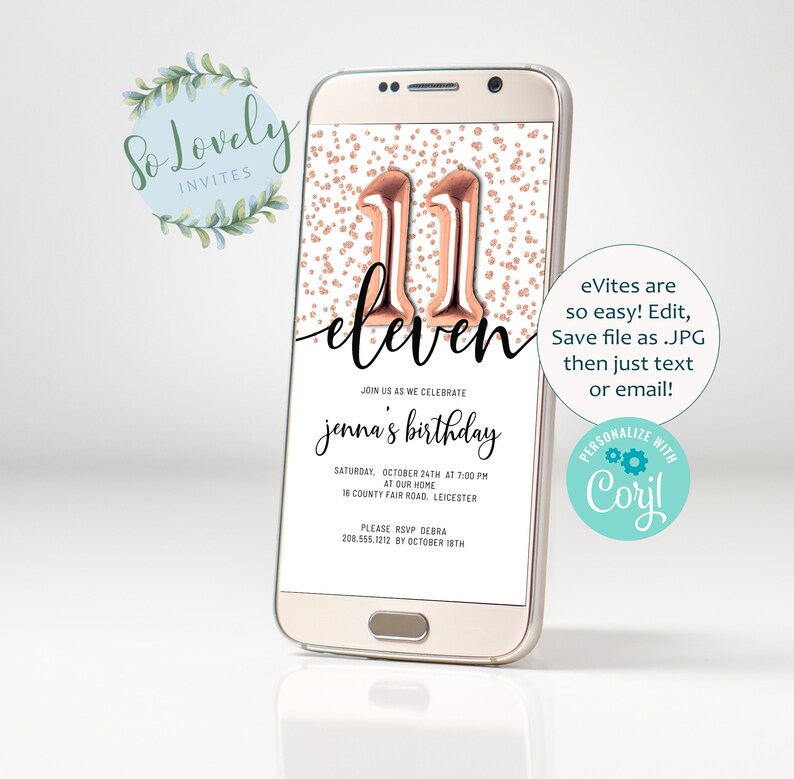 Rose Gold Glitter 11th Birthday Invitation, EDIT YOURSELF Birthday ...
