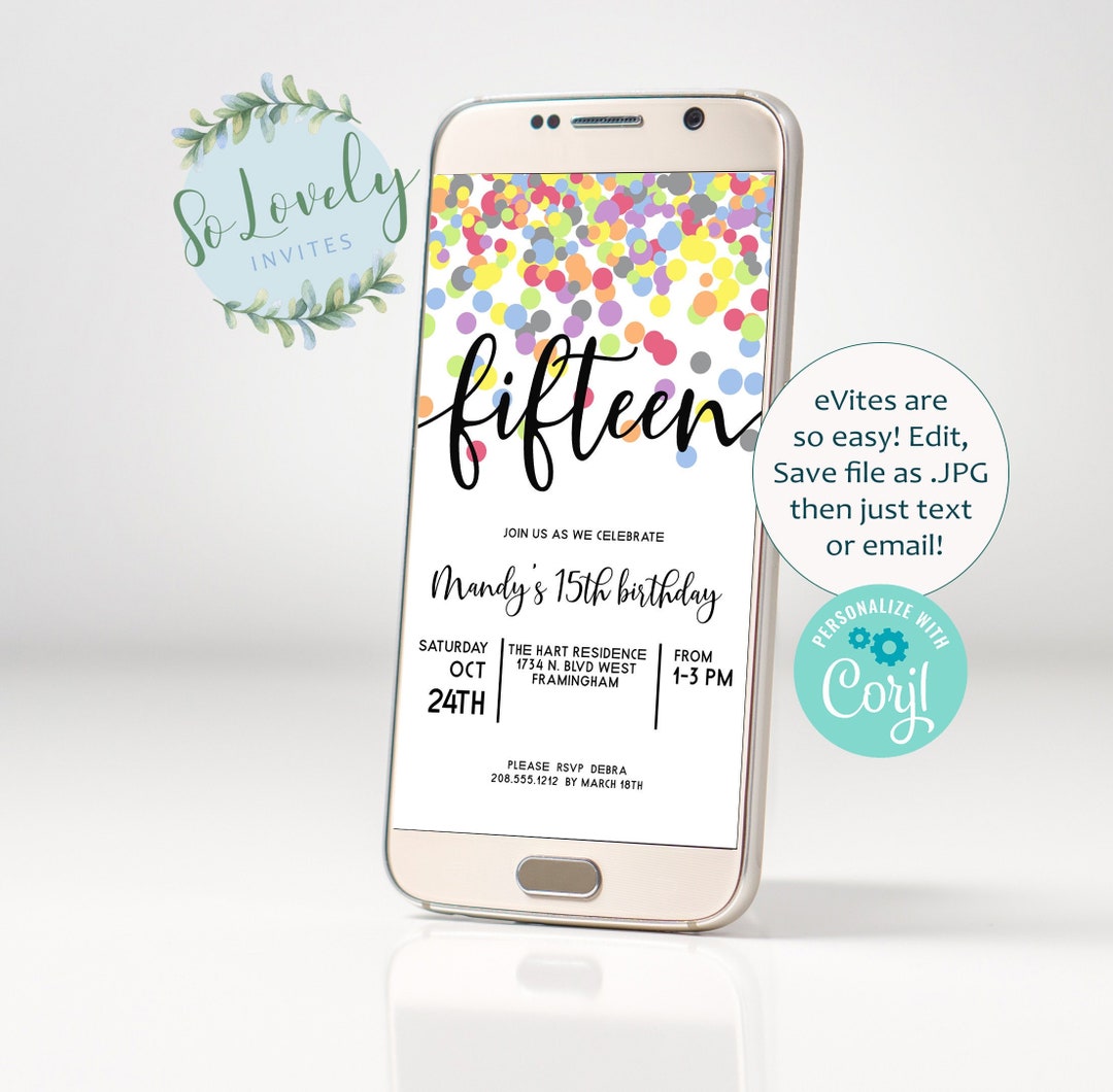 Rainbow Confetti 15th Birthday- Text Invitation- Send by Text or Email ...