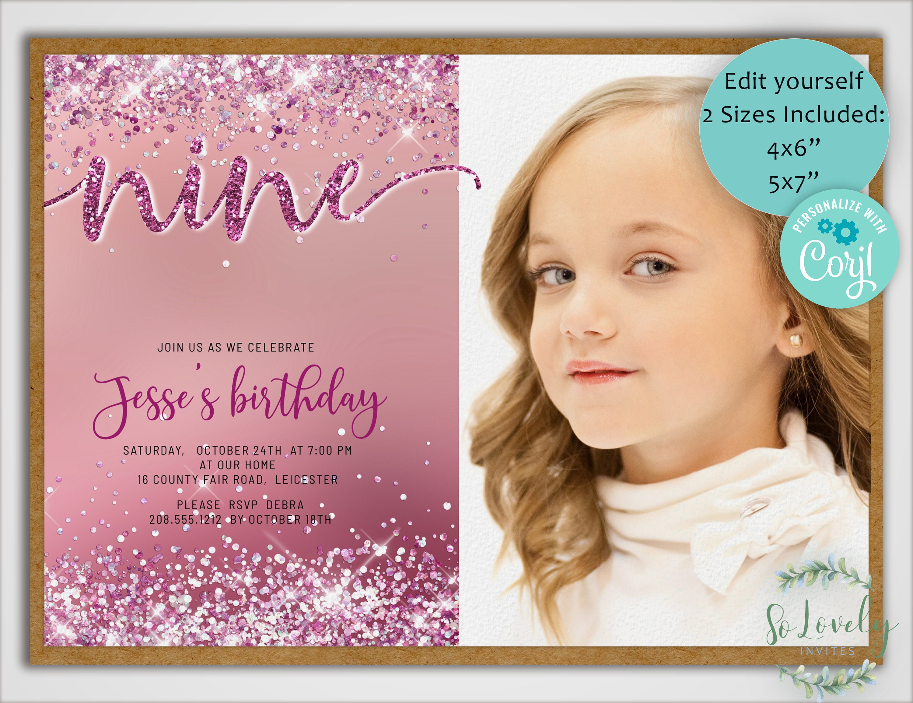 Rose Sparkle Holo Glitter 9th Birthday Photo Invitation Edit - Etsy