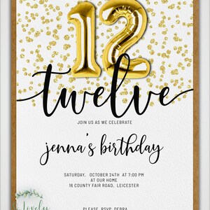 Gold Glitter 12th Birthday Invitation, EDIT YOURSELF Birthday Invite ...