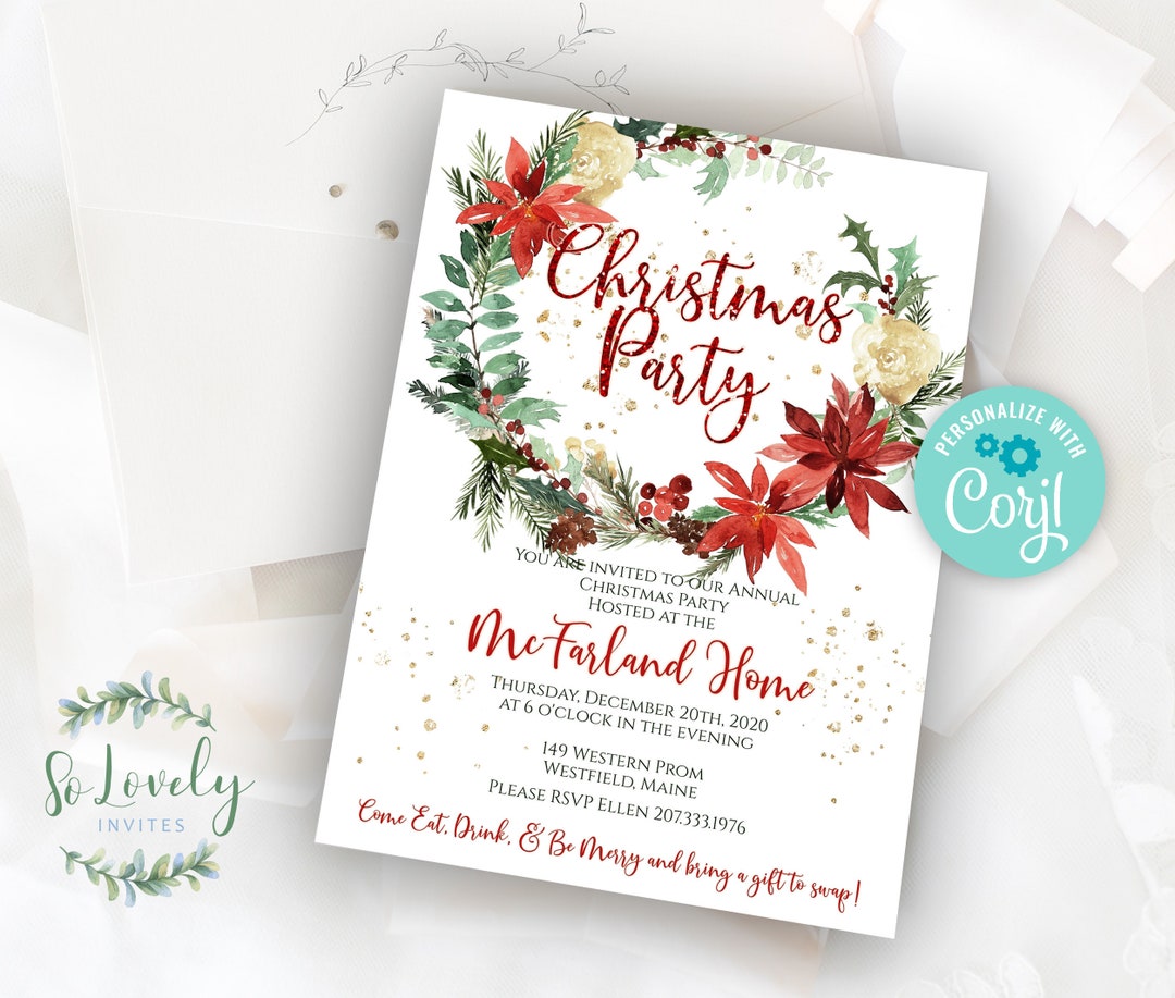 Personalized Christmas Party Invitation, Editable Holiday Invite, Pine ...