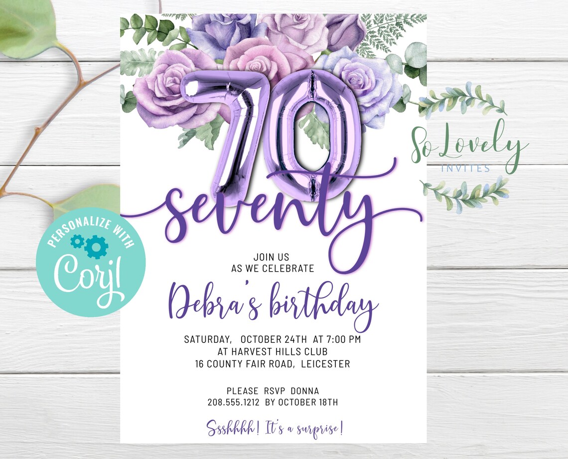 Purple Roses 70th Birthday Invitation, Editable Birthday Invite for ...