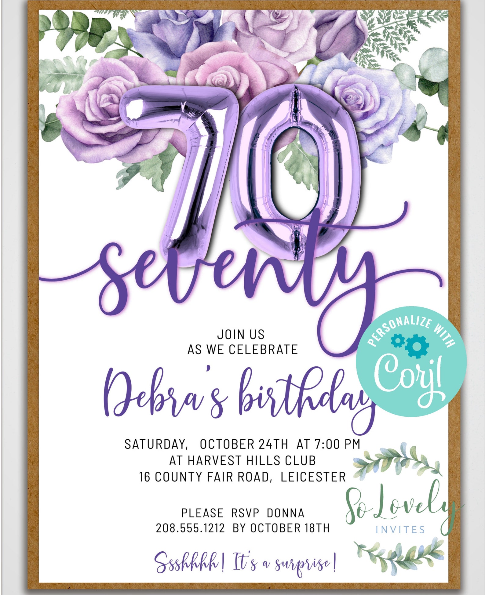 Purple Roses 70th Birthday Invitation, Editable Birthday Invite for ...