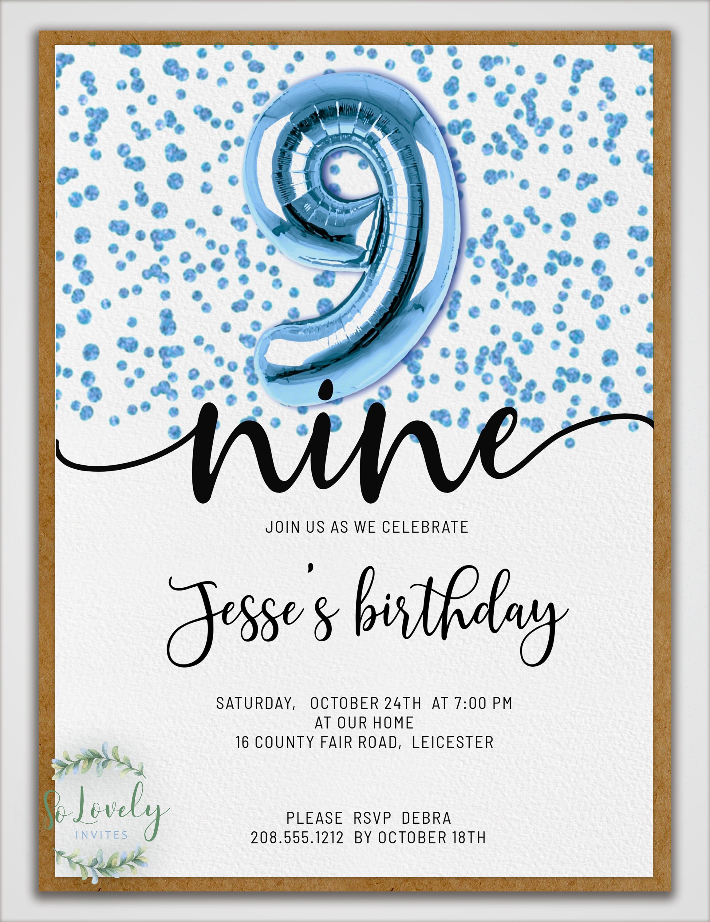 Metallic Blue Glitter 9th Birthday Invitation, Editable Birthday Invite ...