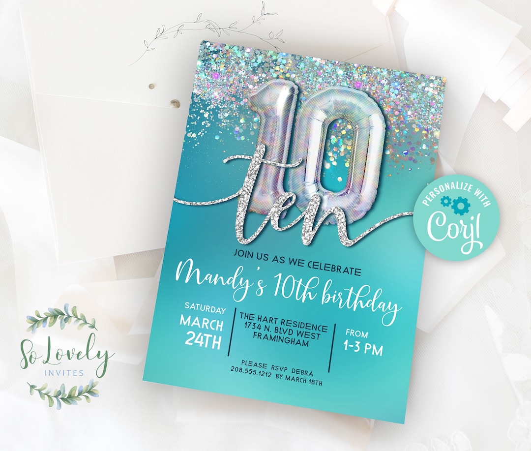 Invitación de cumpleaños número 10 de color verde azulado y plata ...