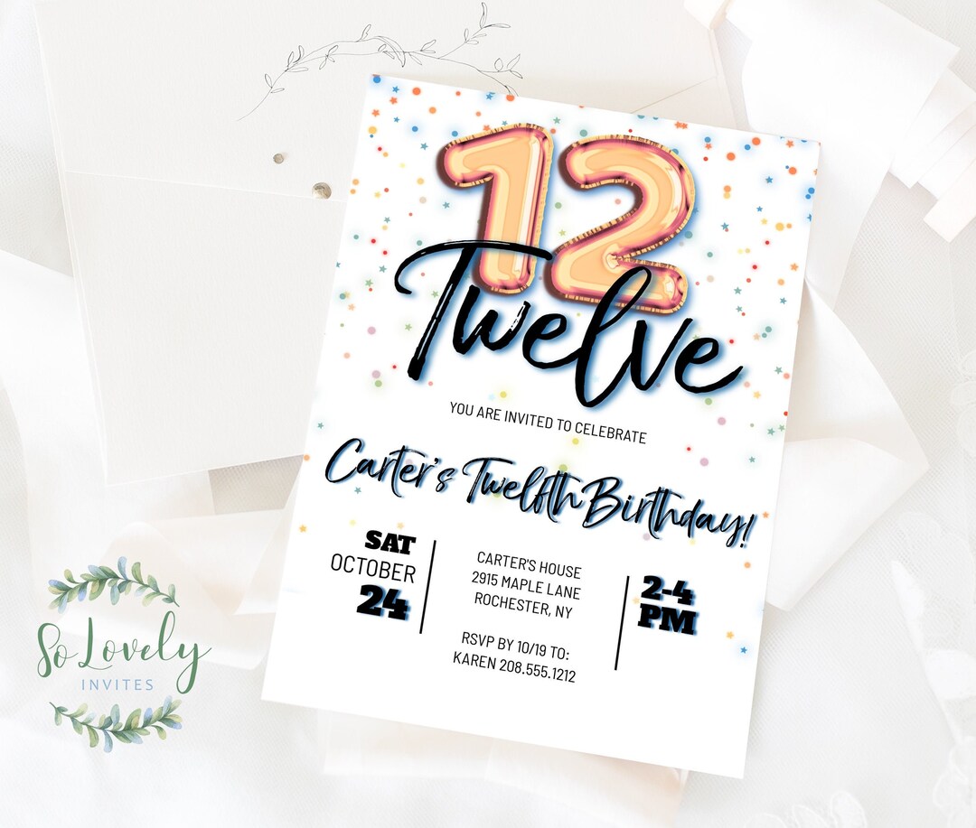 Rainbow Confetti 12th Birthday Invitation, EDIT YOURSELF Birthday ...