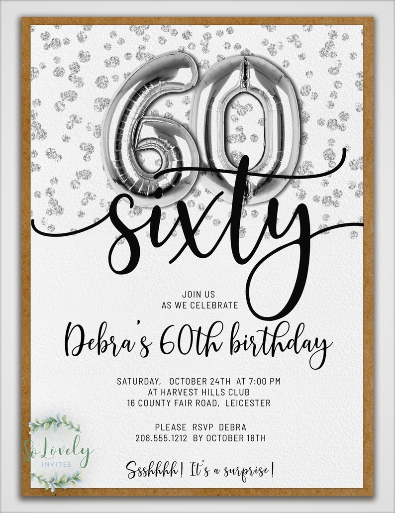 Silver Glitter 60th Birthday Invitation, Editable Birthday Invite for ...