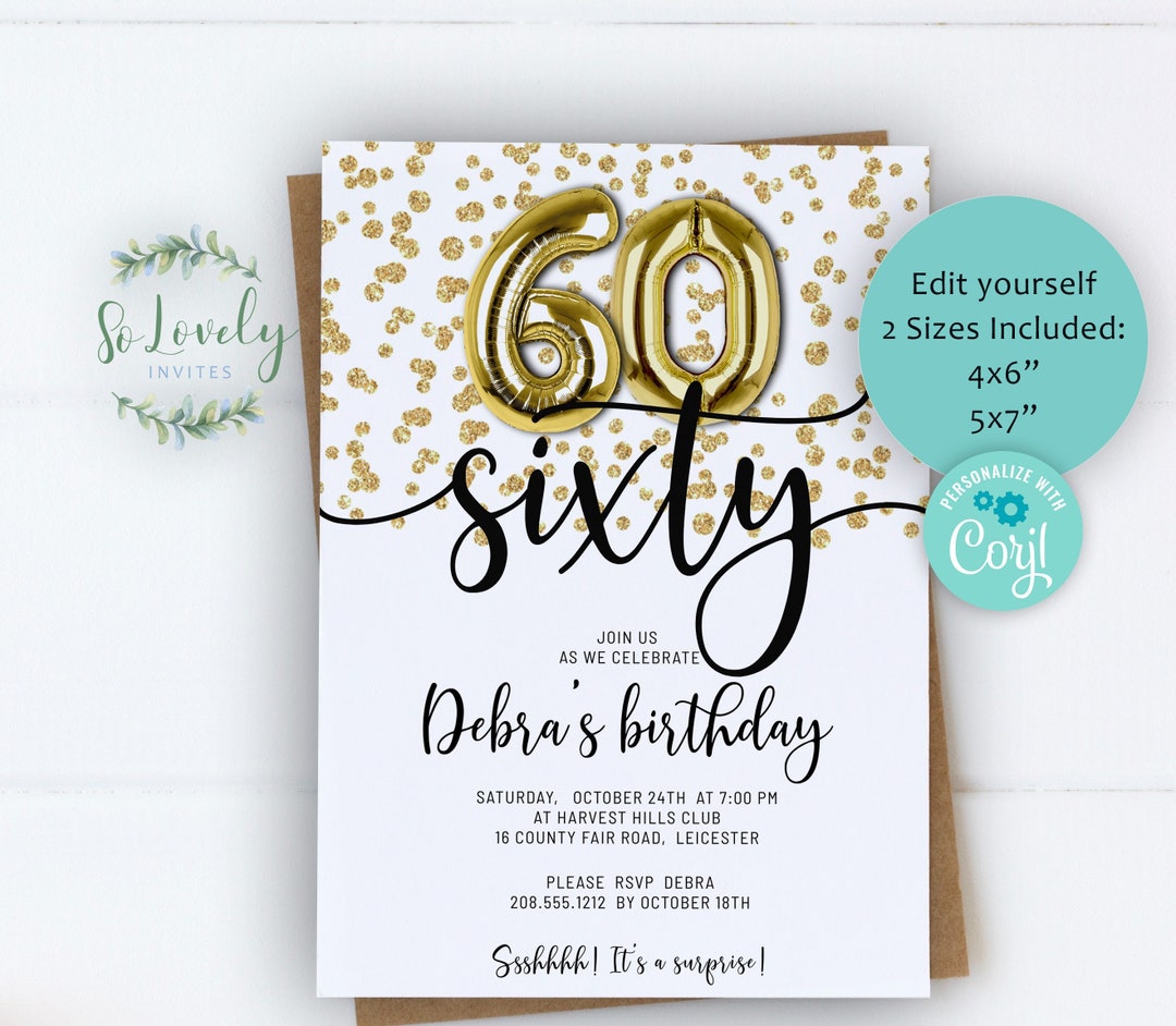 Gold Glitter 60th Birthday Invitation, Editable Birthday Invite for ...