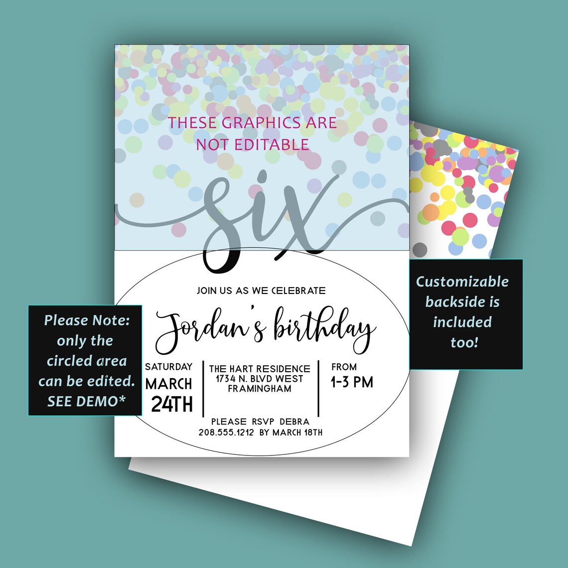 Rainbow Confetti 6th Birthday Invitation EDIT YOURSELF | Etsy
