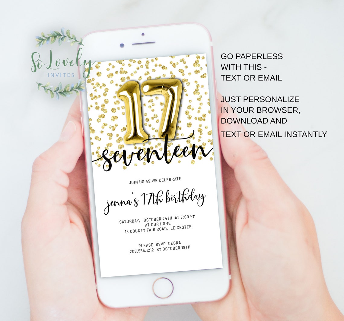 Gold Glitter 17th Birthday Invitation Editable Mobile - Etsy