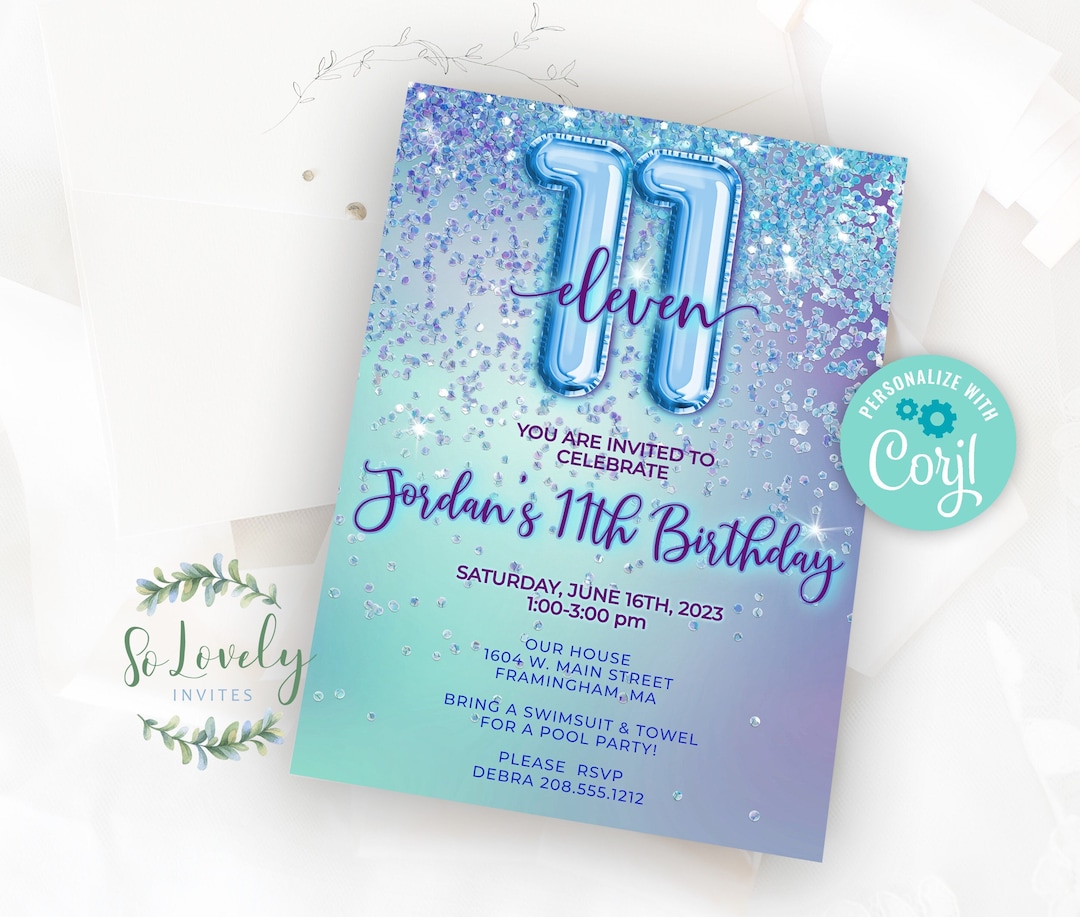 Sky Blue Glitter 11th Birthday Invitation, EDIT YOURSELF Birthday ...