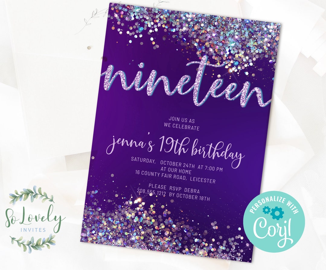 Purple and Silver Holo Glitter 19th Birthday Invitation, Editable ...