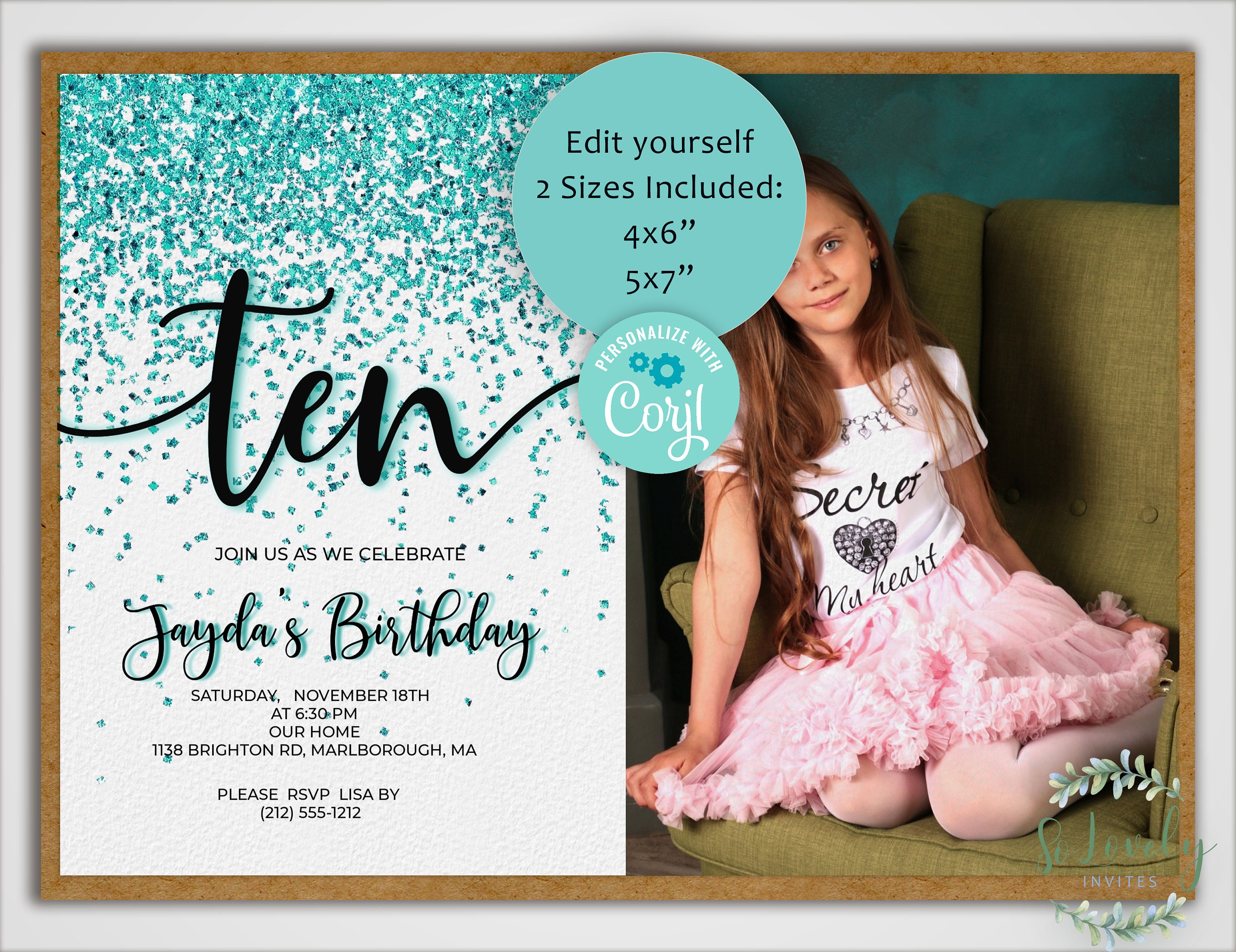 Teal Glitter 10th Birthday Invitation with Photo EDIT | Etsy