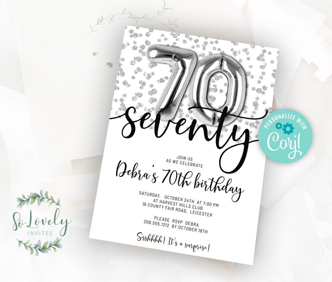 Silver Glitter 70th Birthday Invitation, Editable Birthday Invite for ...