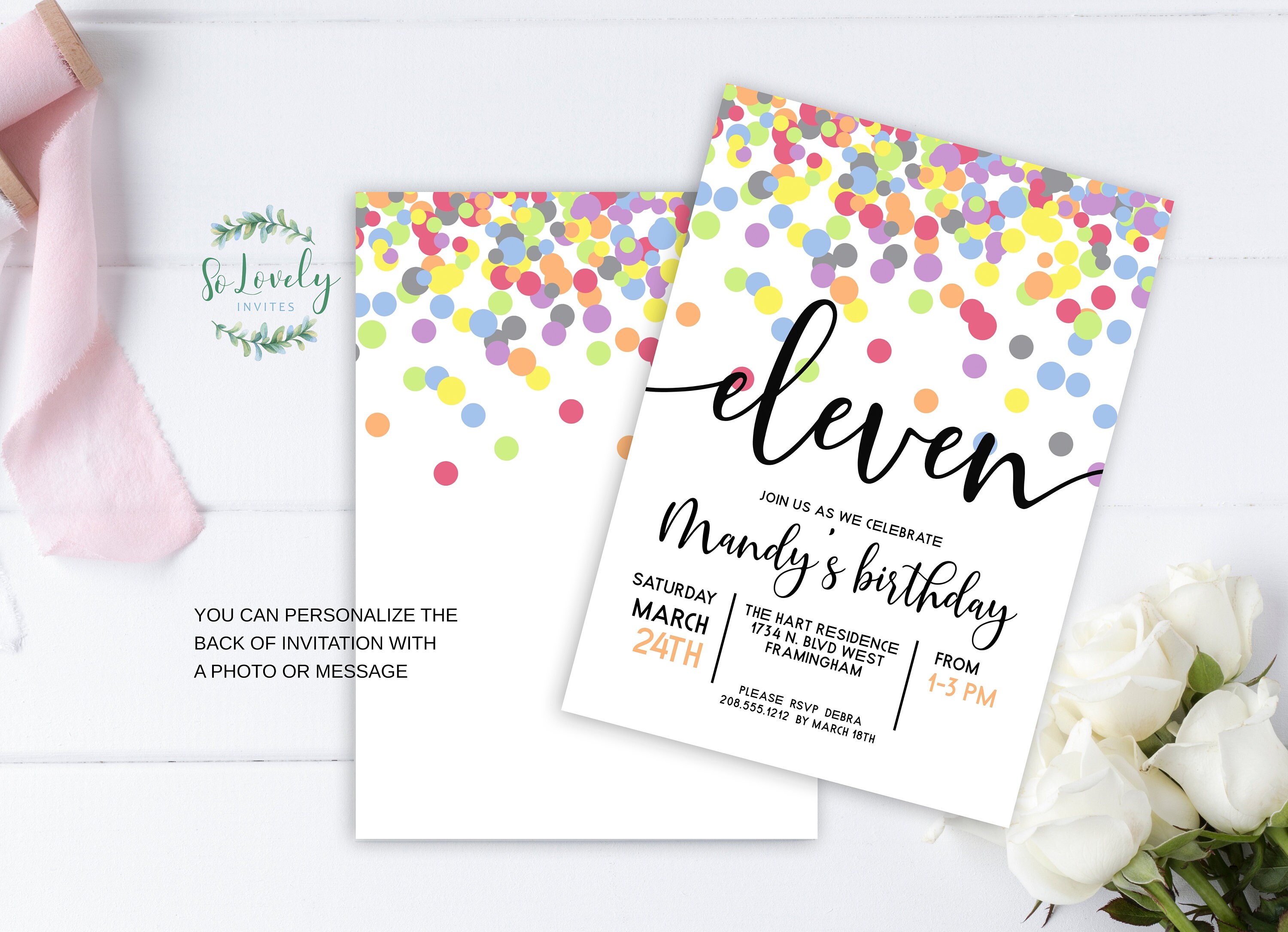 Rainbow Confetti 11th Birthday Invitation, Editable Birthday Invite for ...