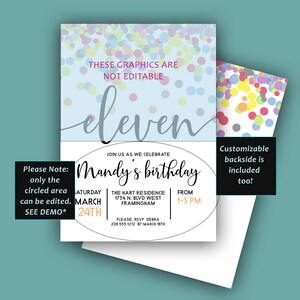 Rainbow Confetti 11th Birthday Invitation, Editable Birthday Invite for ...
