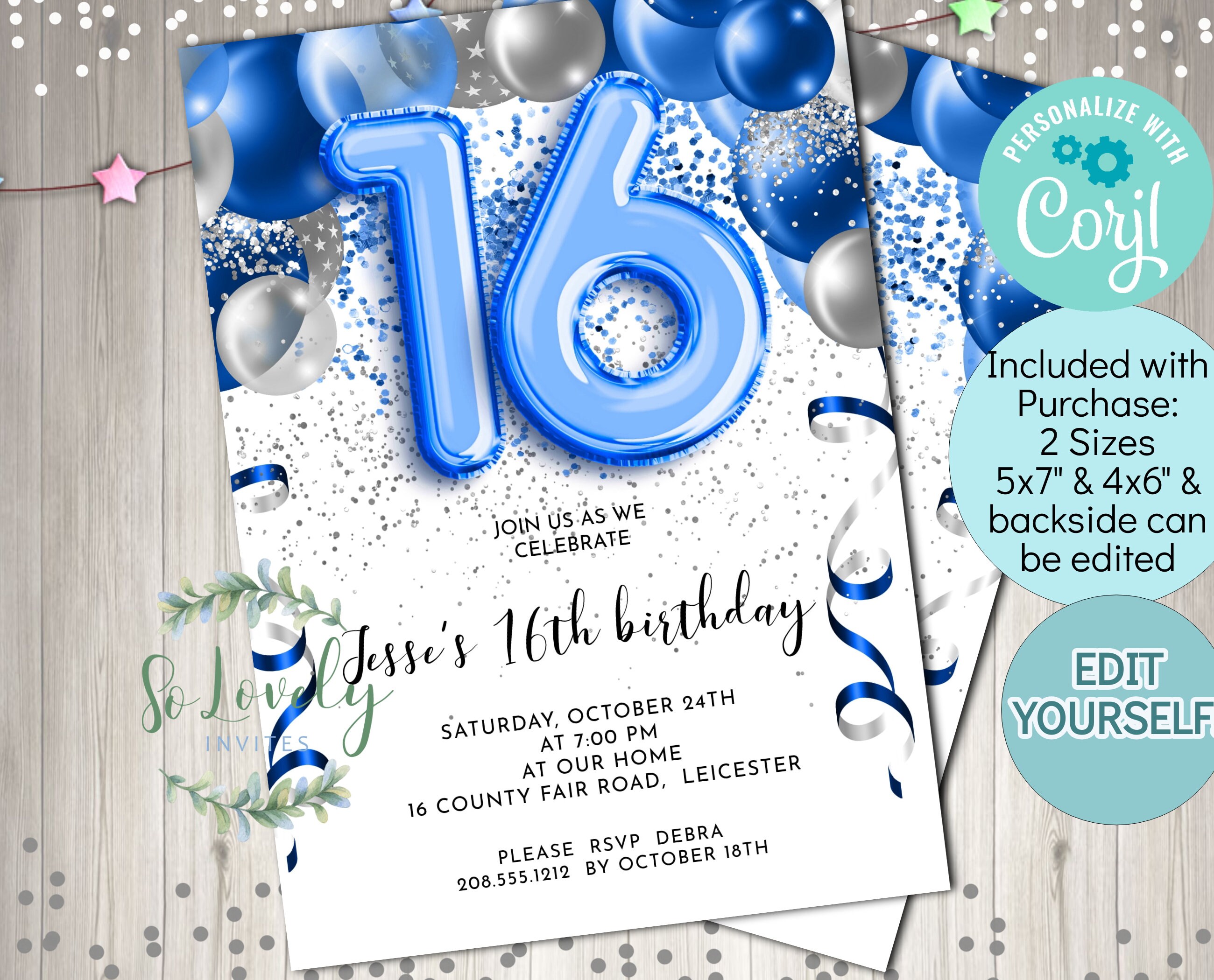 Boys 16th Birthday Party Invitation Templates Blue And Yellow Birthday