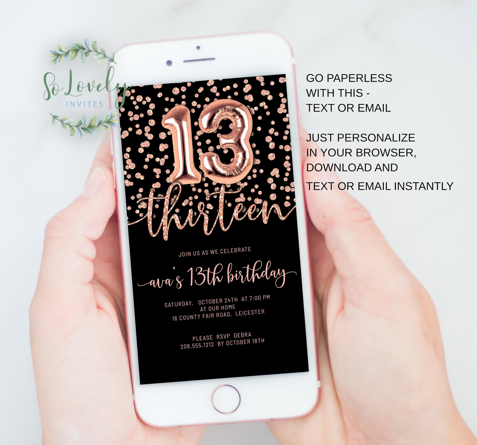 Black and Rose Gold Glitter 13th Birthday Electronic Digital - Etsy