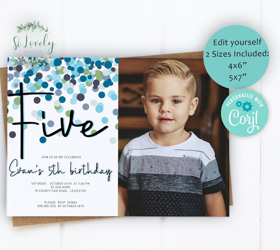 Confetti 5th Birthday Photo Invitation for Boy, EDIT YOURSELF Birthday ...