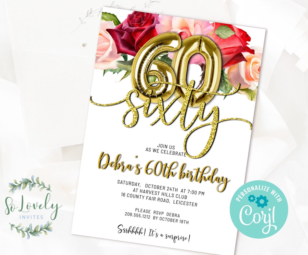 Red Roses With Gold 60th Birthday Invitation, Editable Birthday Invite ...