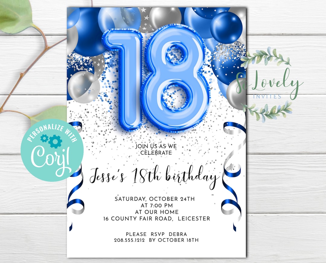 Blue and Silver Balloons 18th Birthday Invitation, Editable Birthday ...