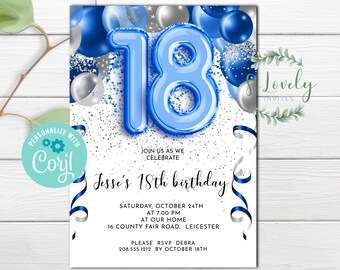 Blue 18th Birthday Invitation - Etsy